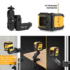 PREXISO Laser Level, 65Ft Self Leveling Cross Line Laser Level, Green Line leveler Tool for Hanging Picture, Floor Tile, Home Renovation with LED Indicator & 2 AA Batteries (360°Clamp)