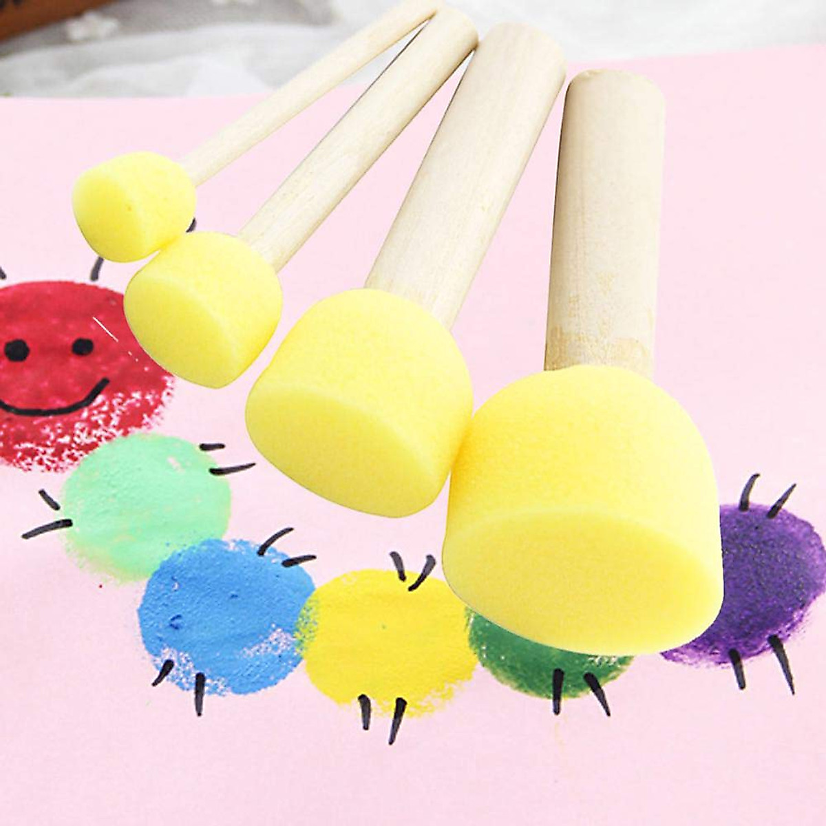 Ruwado 8 PCS Yellow Foam with Wooden Handle Painting Sponge Round Head Assorted Size Kit for Students Painting Tools Set DIY Craft Art Project