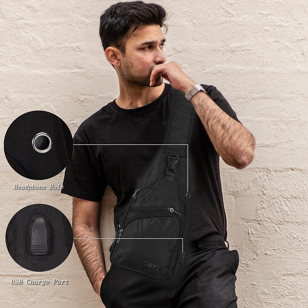 Men Women Sling Backpack Anti Theft Crossbody Shoulder Chest Bag with USB Charging Port Black