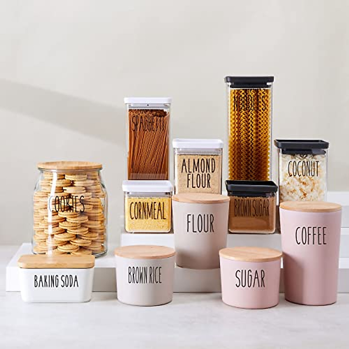 Talented Kitchen 136 Pantry Labels for Food Containers, Preprinted Clear Kitchen Food Labels for Organizing Storage Canisters & Jars, Black All Caps + Numbers Stickers (Water Resistant)