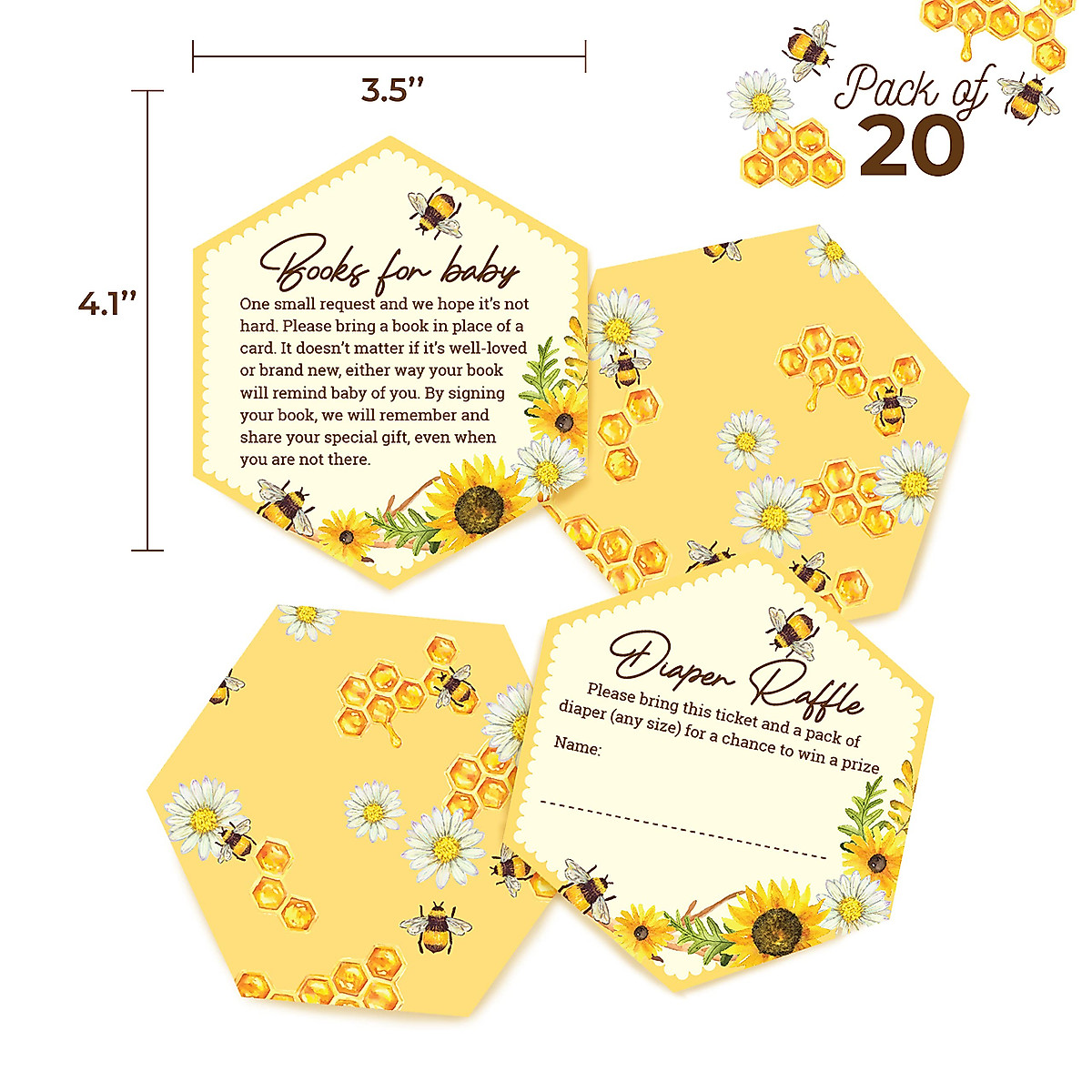 Joyful Toys Bee Baby Shower Invitations Set - Pack of 20 | Fill or Write In Blank Card with Diaper Raffle and Book Request Cards With Envelopes, Bumblebee Themed Party Supplies