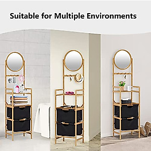 KINTNESS 63”H Bamboo Storage Shelf - Bathroom Storage Cabinet with Adjustable Mirror, Freestanding Shelving Racks with 2 Drawers & 2 Open Shelves for Living Room Bathroom Bedroom