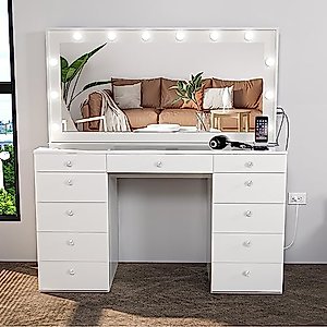 Boahaus Orla Modern Makeup Vanity Desk with Light Bulbs Built-in, USB Port and Power Outlet, 11 Drawers, Hollywood Vanity Mirror, Glam Glass Top Vanity, Crystal Ball Knobs, Big Vanity for Bedroom