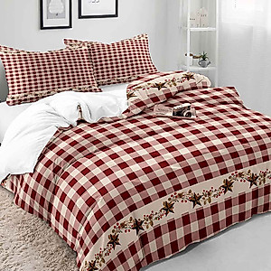 LUVIVIHOME 3PCS Red Plaid Duvet Cover Queen Bedding, Pink Bedding, Primitive Rustic Country Farmhouse Bedding, Christmas Bedding, Checkered Buffalo Plaid Comforter Bedspread Quilt Cover 2 Pillow Shams
