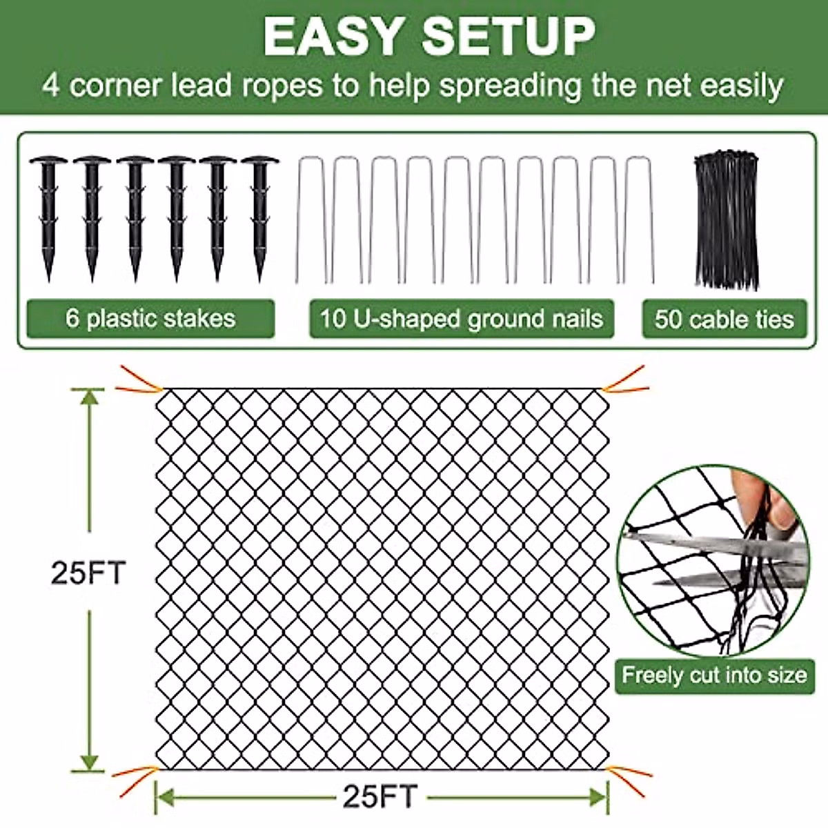 Bird Netting for Garden Protection - 25x25ft Poultry Netting for Chicken Coop, 1” Mesh Heavy Duty Garden Net, Fruit Tree Netting for Blueberry Bushes, Vegetable Against Squirrels, Deer