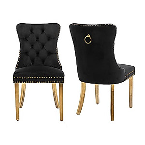 Aoowow Velvet Upholstered Dining Chairs Set of 2, Wingback Armless Side Chairs Button Tufted with Golden Stainless Steel Plating Legs for Kitchen Dining Room (Black-Gold)