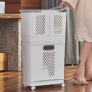 Laundry Basket 2 Tiers Movable Clothes Storage Basket Floor-Standing Storage Organizers with Wheels for Bathroom Bedroom Laundry Room Kitchen