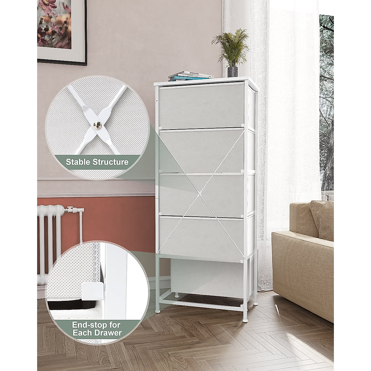 Crestlive Products Tall Dresser Vertical Storage Tower - Sturdy Steel Frame, Wood Top, Easy Pull Fabric Bins - Organizer Unit for Bedroom, Hallway, Entryway, Closets - 5 Drawers(White)
