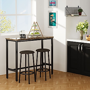 AWQM 3 Piece Dining Table Set Bar Table and Chairs Set for 2 Faux Marble Kitchen Counter Height Dining Table Set with 2 Padded Stools 3-Piece Modern Pub Table Set, Marble Brown, 47.2"