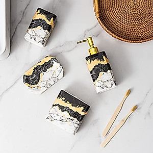 4 Piece Bathroom Accessories Set - Black and White Bathroom Accessories Set Includes Lotion Dispenser, Toothbrush Holder Tumbler, and Soap Dish - Glossy Finish (Marble, Black, and White)