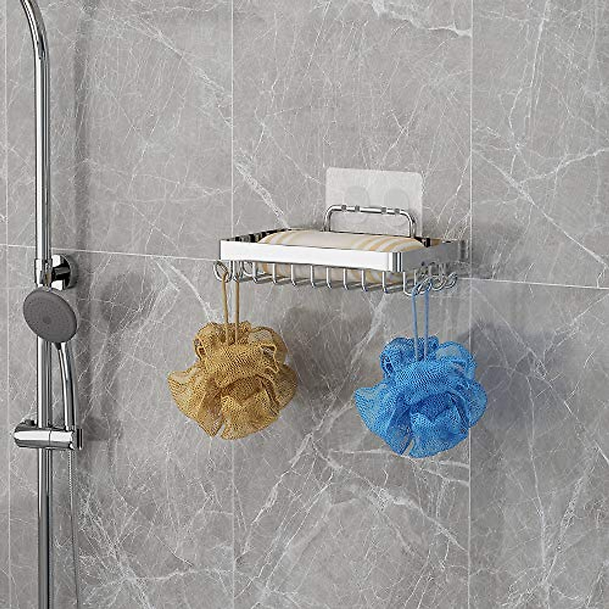 Soap Dish Soap Holder with Hooks for Shower, Rust Proof 304 Stainless Steel, Adhesive No Drilling