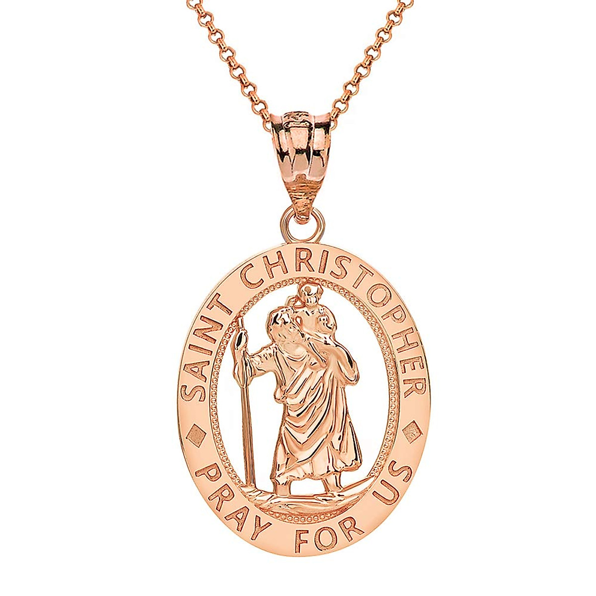 CaliRoseJewelry 14k Saint Christopher Pray for Us Oval Charm Pendant Necklace in Rose Gold, 18"