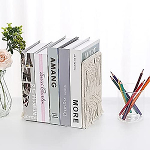 2 Pieces Boho Macrame Bookends Metal Book Stopper Farmhouse Modern Decorative Book Ends Movies CD Book Holders for Office Home Book Shelf (7.9x5.9x3.6 inch)