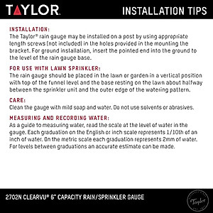 Taylor ClearVu Rain and Sprinkler Gauge, 6 Inch Capacity, Clear