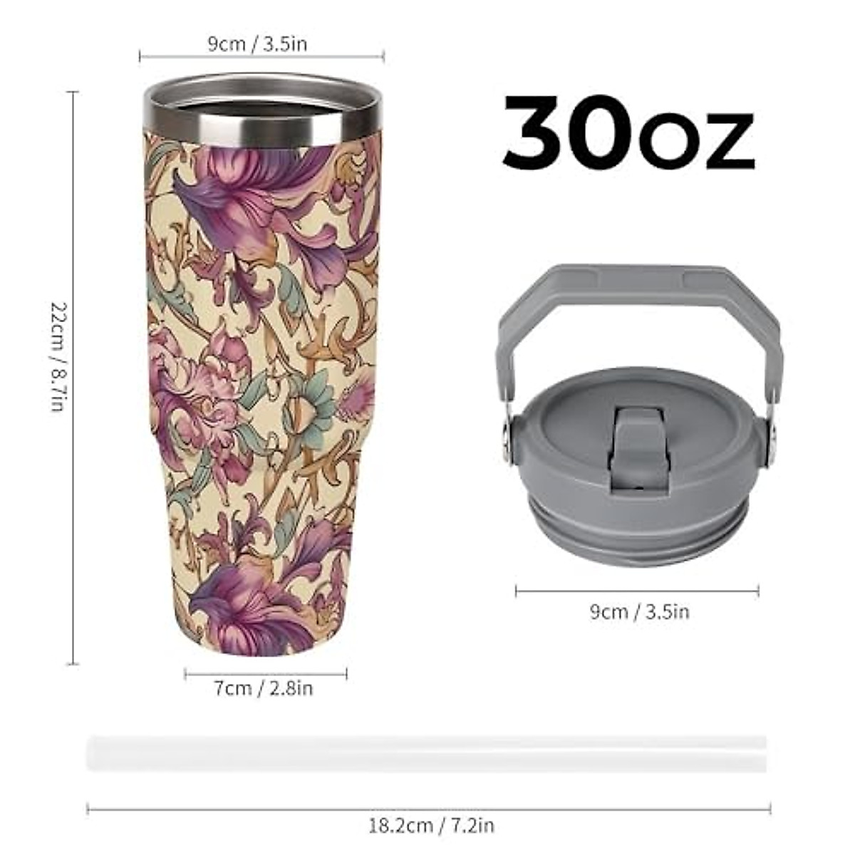 WITHSBKK 30oz Car Cup Purple Flower Printed with Portable, Stainless Steel Travel Mug, Vacuum Insulated Tumbler And Straw, Leakproof for Car & Outdoor, UV Printed Design
