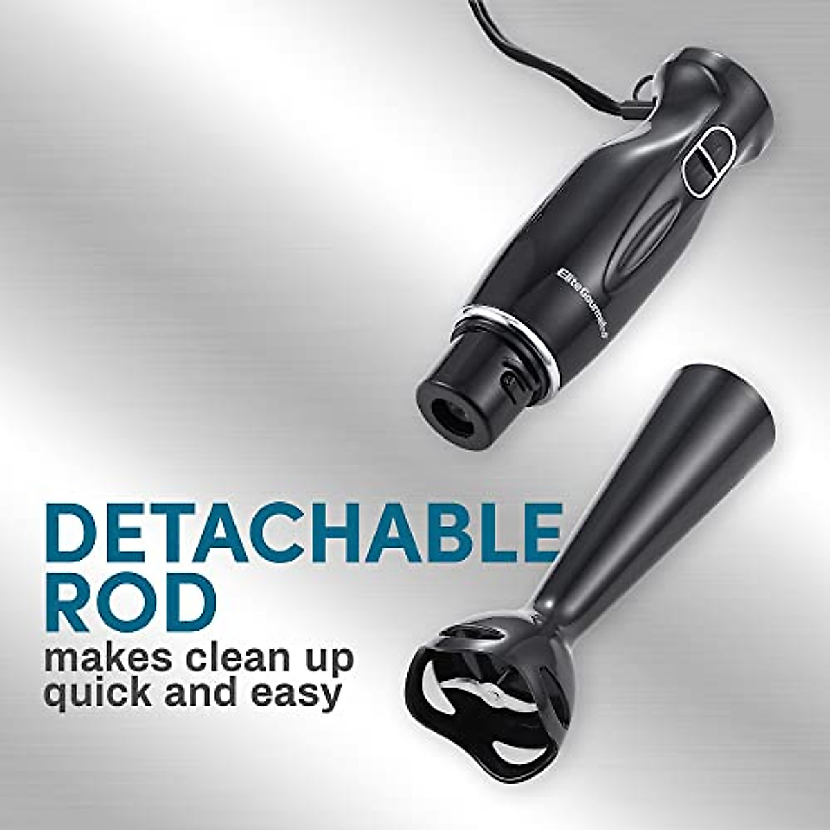 Elite Gourmet EHB1023 Immersion Hand Blender 300 Watts 2 Speed Mixing with Detachable Blades, Detachable Wand Stick Mixer, Smoothies, Baby Food, Soup, Black