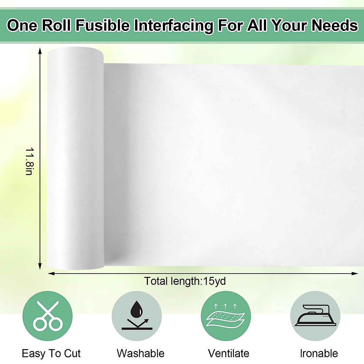 Phinus Fusible Interfacing for Sewing, Medium Weight White 11.8in X 15yd Iron on Interfacing, Fusible Fleece Interfacing for Sewing for Sewing Supplies and DIY Crafts Supplies