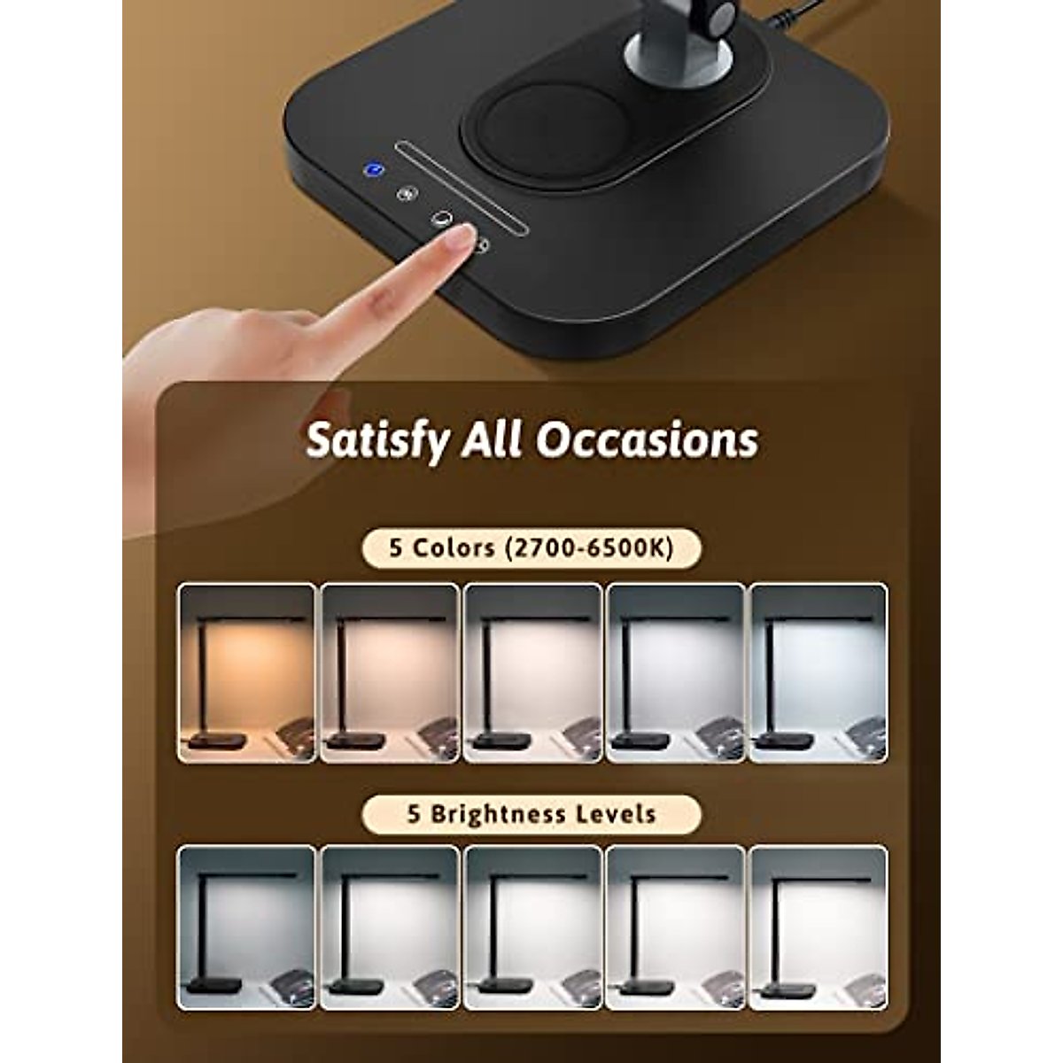 Gteetoo LED Desk Lamp with Wireless Fast Charger, Office Desk Light with USB Charging Port, 5 Color Temperatures & 5 Brightness Levels, Night Light Mode, 1 Hour Timer, Black
