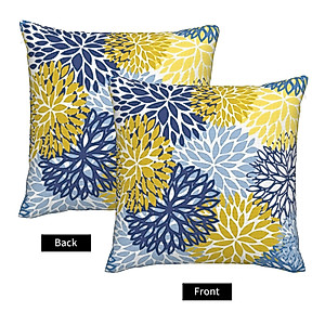 ChangQingArt Throw Pillow Cover Farmhouse Decorative Cotton Linen Pillow Cover Green Spring Flower Blue Yellow and Navy Chrysanthemum Brown Square Cushion Covers Sofa Bed Décor 16x16 inch