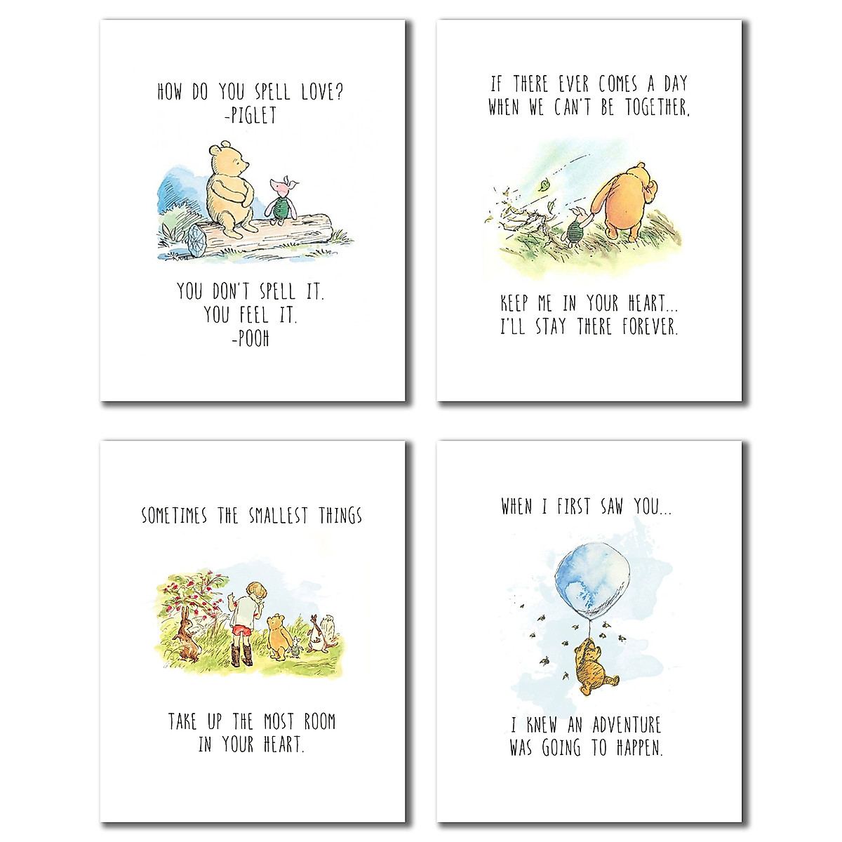 BigWig Prints Winnie the Pooh Wall Art - Classic Winnie the Pooh Nursery Decor, Friendship Quotes, Wall Art Decor Photos Bedroom Playroom, Quotes Prints, Inspirational Sayings -Unframed 4 Pack (8x10)