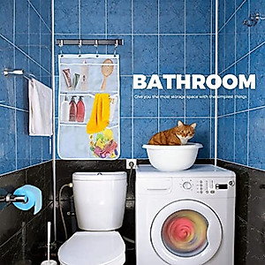 Mesh Shower Curtain Organizer Bag，6 Pockets Hanging Caddies Quick Dry Bathroom Shower Curtain Rod/Liner Toy Shampoo-Soap-Razor Holder Hanger Storage Pocket with 4 Hanging Ring 2 Suction Cup Hooks