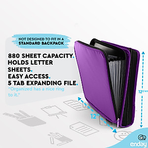 Enday 2 Inch Zipper Binder - 880 Sheet Capacity, 5 Pockets, Expanding File Folder with Durable Handle, Multiple Pockets School Binder Organizer, Purple