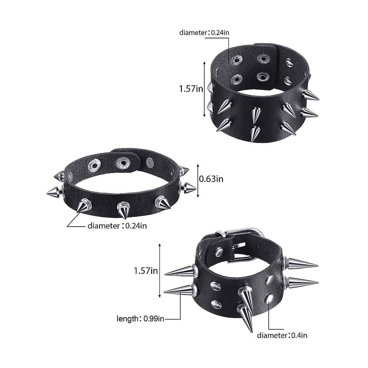 Hicarer 9 Pieces Spiked Studded Bracelet Black Leather Rivet Punk Bracelet Cuff Wrap Bangle Snap Button Metal Wristband for Men Women (Classic Style)