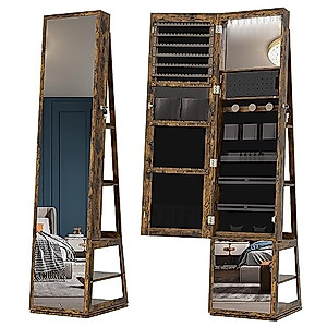 Hzuaneri 16 LEDs Jewelry Cabinet Armoire, 63" H Standing Jewelry Organizer with 360° Rotating Base, Lockable Full-length Mirror, 4-tier Storage Shelves, 4-in-1 design, Rustic Brown JC16003X