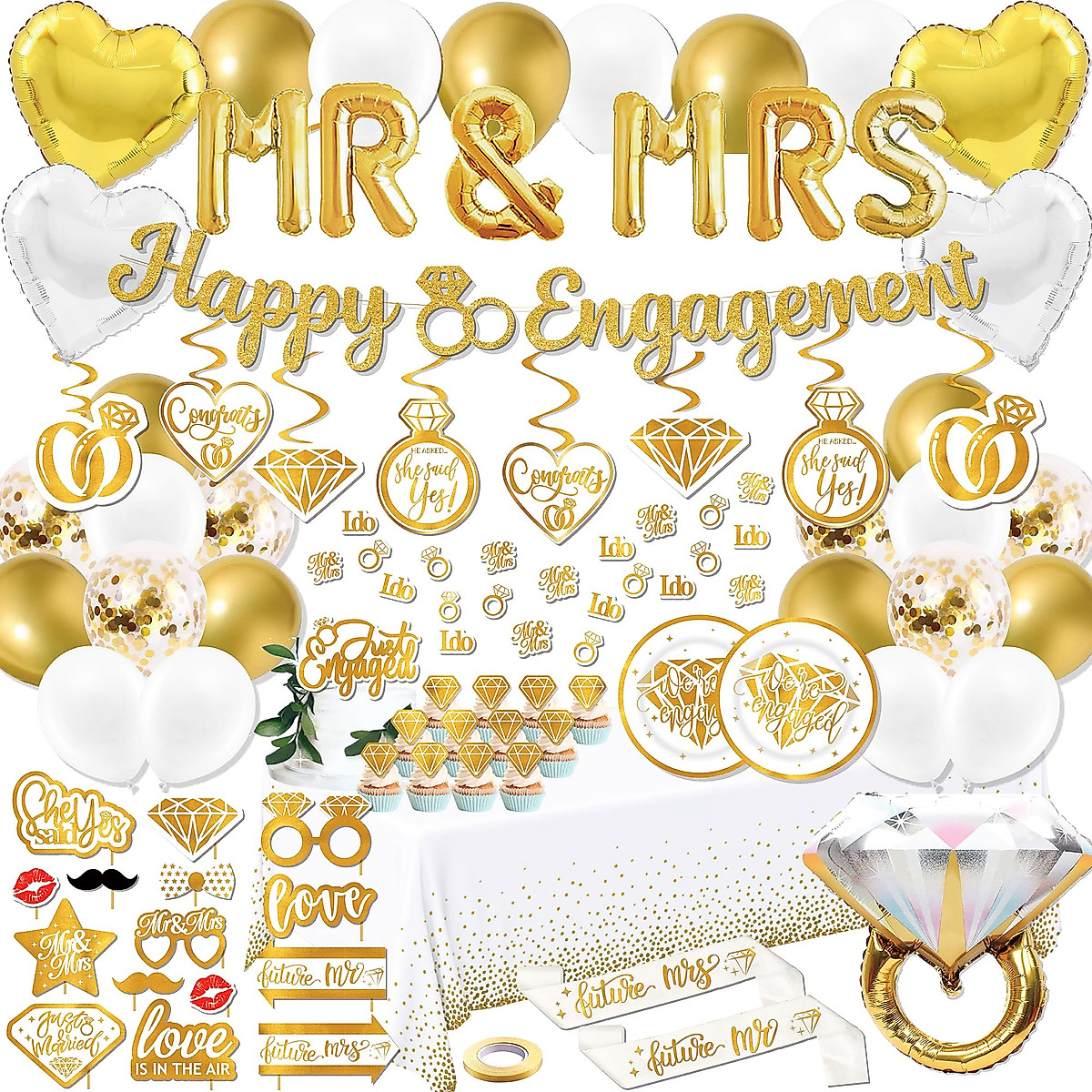 gold engagement party decorations - (Total 90pcs) Glitter happy Engaged Banner, MR and MRS Balloons, Hanging Swirl,balloons, Ring Balloons for Wedding Engagement Party Decor