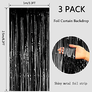 3 Pack 3.3x8.2 Feet Foil Fringe Curtains, Black Tinsel Streamers Backdrop Curtains for Birthday Party Decorations Photo Booth Props Baby Shower Bachelorette Graduation Engagement Gender Reveal