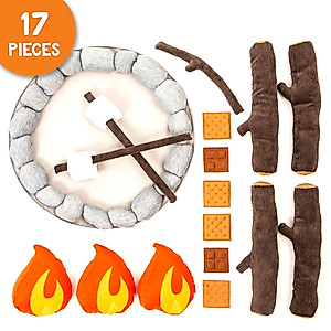 HUNIIHOME Pretend Campfire for Kids - Sensory Play Camping Toy Set with Plush Felt Fake Fire, Logs and Stones with Fake Food Marshmallow and S'Mores - 17 Piece Set