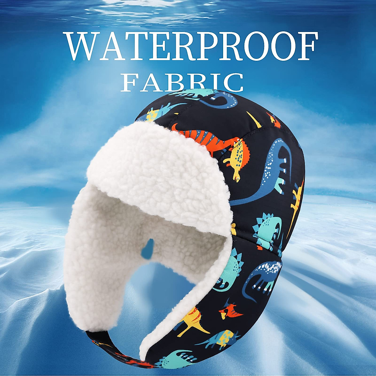 Winter Trapper Hat for Boys Girls Waterproof Warm Baby Toddler Ushanka Fleece Beanie Hats for 6M-6T (Navy Dinosaur, 2-4T)