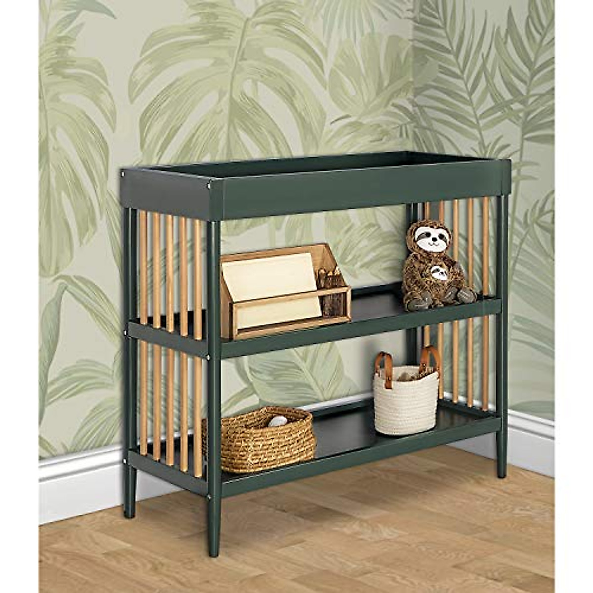 Dream On Me Sleepy Little Sloth Changing Table in Olive, Comes with 1" Changing Pad, Features Two Shelves, Made of Sustainable New Zealand Pinewood