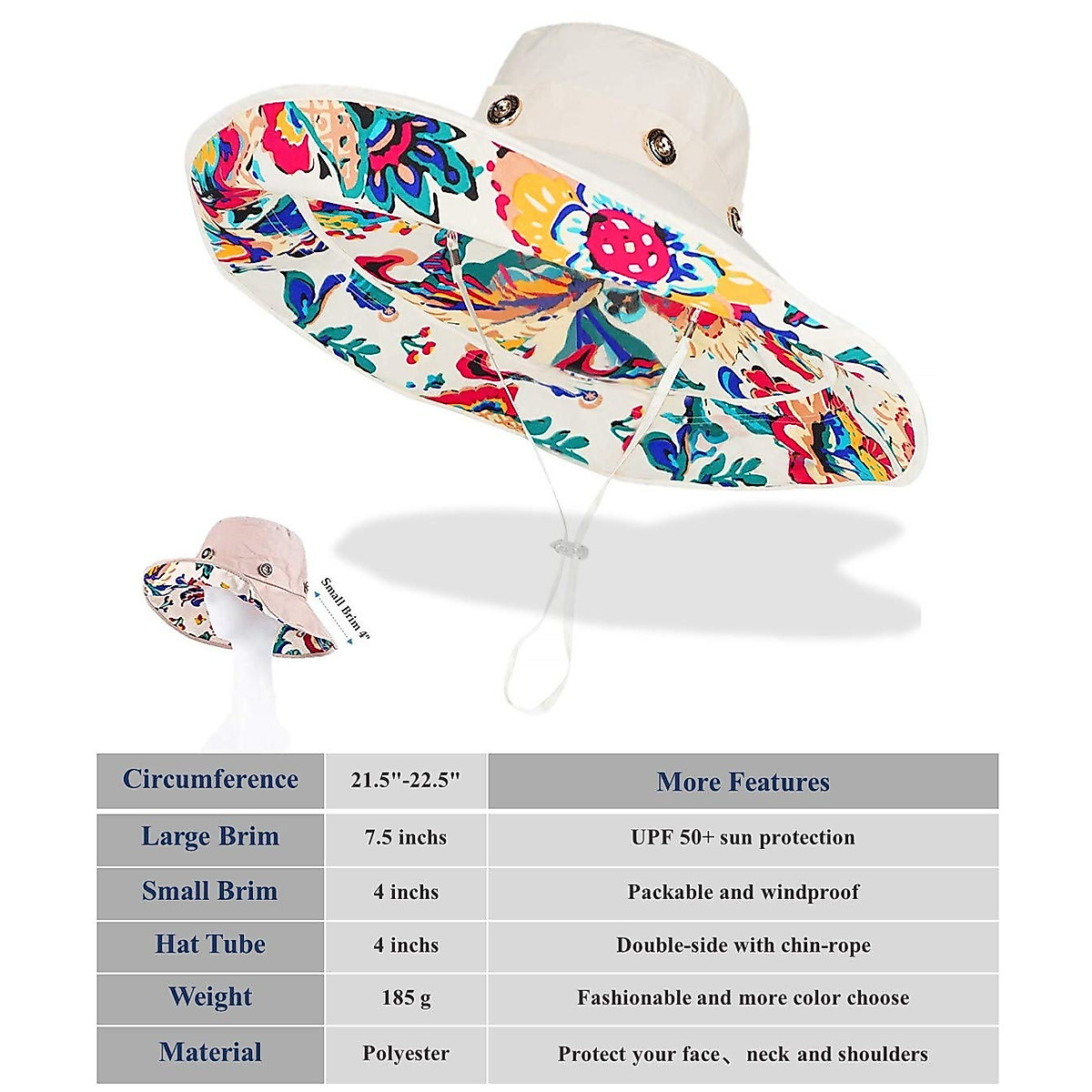 Packable Extra Large Brim Floppy Sun Hat Reversible UPF 50+ Beach Sun Bucket Hat Beige