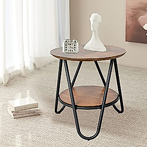 ECOMEX Outdoor Side Tables for Patio, 2 Tier Round Metal Patio Side Table Small Outdoor Side Table with Metal Frame, Industrial Outdoor Table for Bedroom Balcony Patio,Rustic Brown 1PC