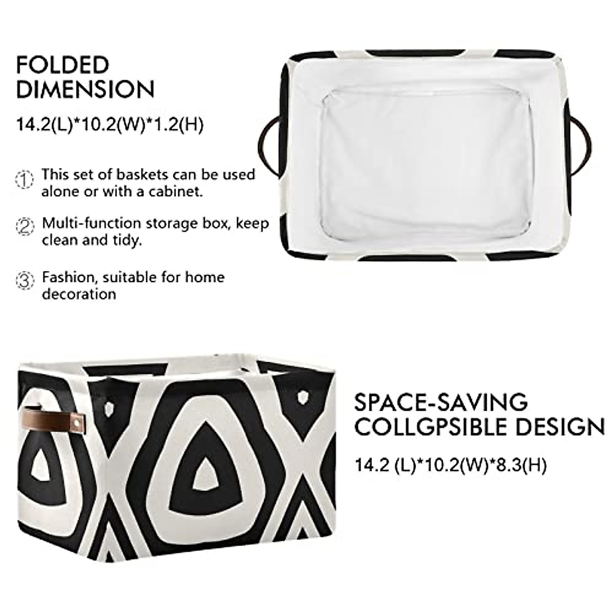 Large Foldable Storage Basket Bohemian Black Flower Storage Bin Canvas Toys Box Fabric Decorative Collapsible Organizer Bag with Handles for Bedroom Home