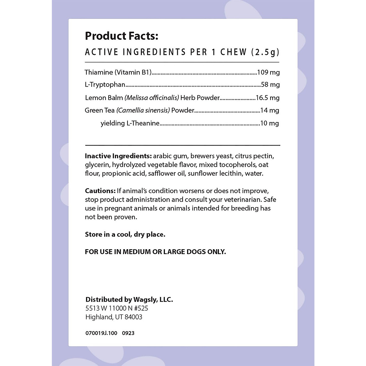 Wagsly Chill: Calming Chews for Dogs | Thiamine, Tryptophan, Lemon Balm, Green Tea Extract – 100 Count for Balanced Mood & Relaxation | Natural Calming Treats for Dogs