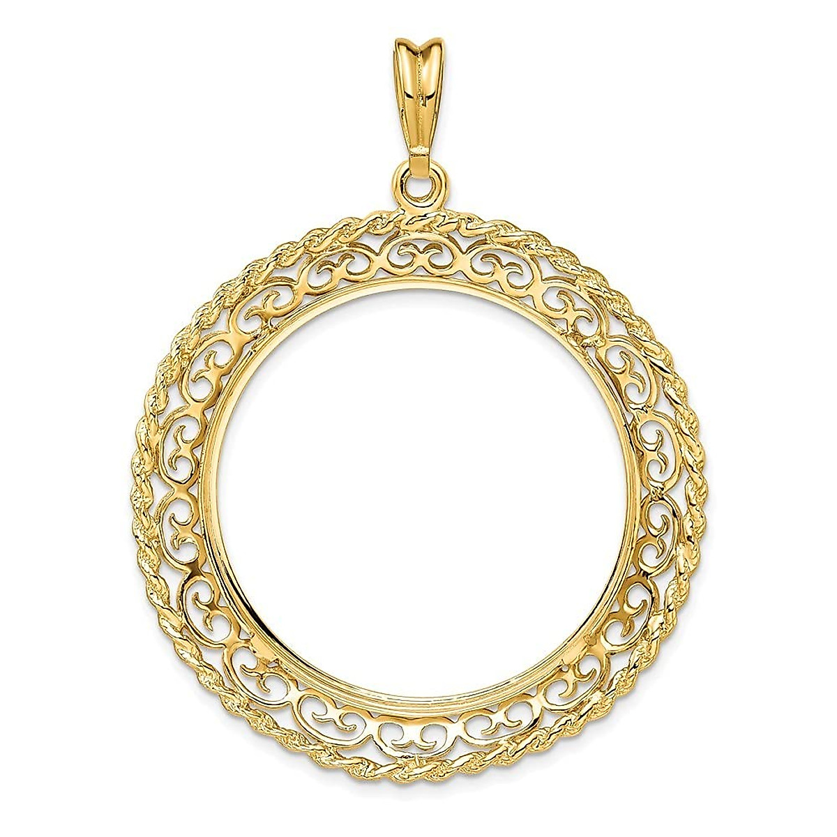 Roy Rose Jewelry Gold Coin Pendant Mounting - 32.7mm Coin Size - Scrollwork Filigree with Rope Edge Frame Design - 14K Yellow Gold - Prong Set with Bail