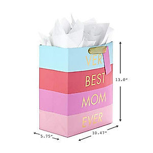 Hallmark 13" Large Mother's Day Gift Bag with Tissue Paper ("Very Best Mom Ever" - Blue, Lavender and Pink Stripes) for Moms, Grandmas, Nanas, Mom Squads