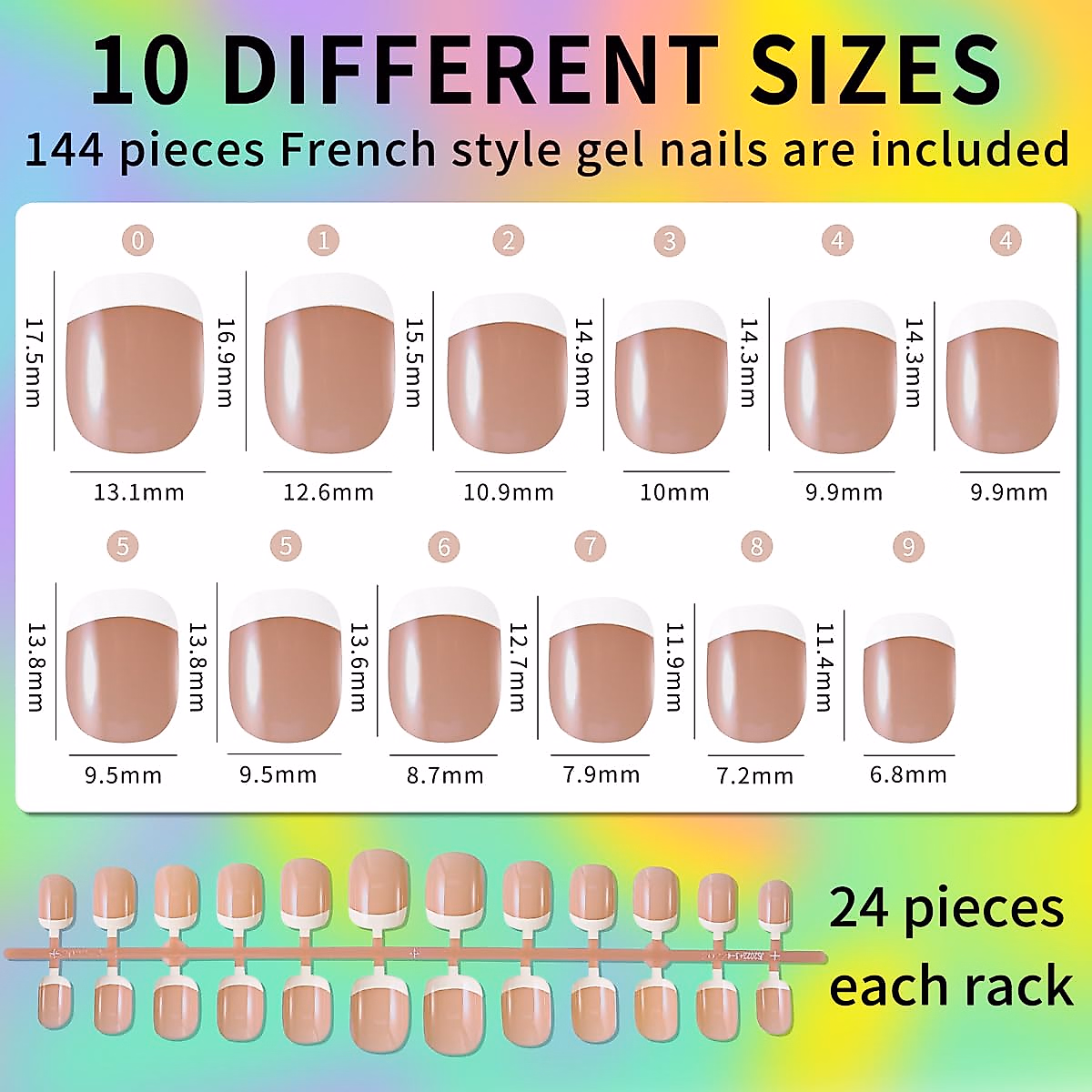 Monja Gel Press On Nails 144pcs French Tips Short Square Nail Tips Soft Gel Fake Nails 10 Sizes Strong Adhesion Nails Faster to Extension Brown White Colors