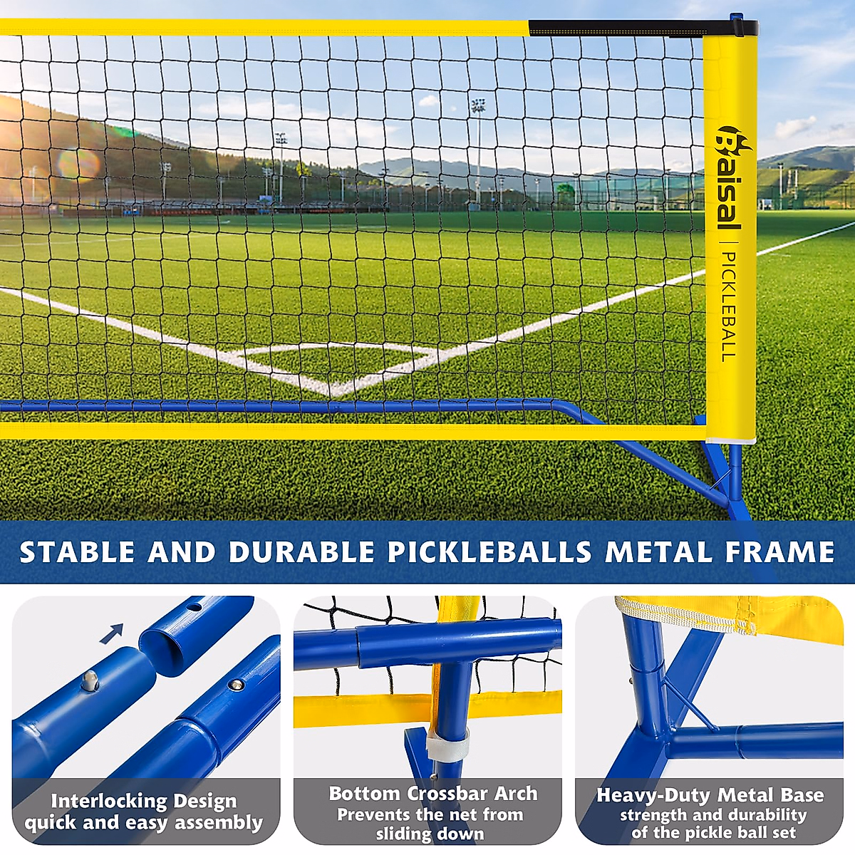 Baisal Pickleball Set with Net Portable Outdoor Indoor, 22FT Regulation Size Pickleball Net for Driveway with 4 Wooden Pickleball Paddles, 1 Pickle Ball Net, 4 Balls,1 Storage Bag, 1 Carry Bag