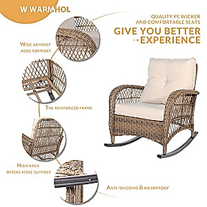 W WARMHOL Outdoor Wicker Rocking Chair with Thickened Cushions, All-Weather Rattan Patio Rocking Chairs, Rocker Wicker Chair for Porch Garden & Backyard, Beige