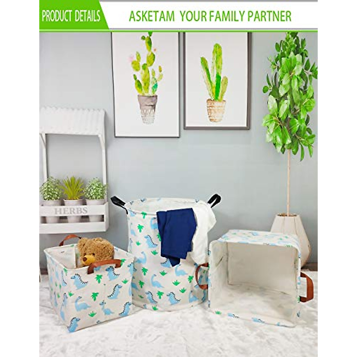 ASKETAM Fabric Laundry Basket Canvas Laundry Hamper for Dirty Clothes Toy Organizer Kid Nursery Room Decor Basket (Blue dinosaur)