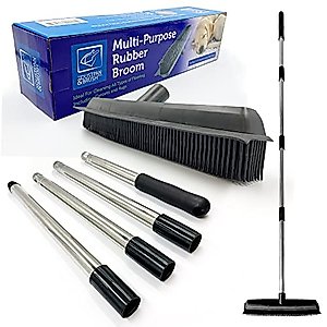 Rubber Broom Pet Hair Remover, Floor Brush Fur Rake Carpet Broom Dog Hair Remover to Sweep Fur, Dust, and Dirt for All Surface Cleaning, Silicone Broom with Built-in Squeegee for Wiping Out Spills
