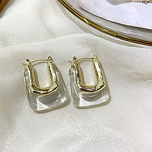Vintage Transparent Resin Geometric U Shape Hoop Earrings Gold Metal Earrings for Woman Party Jewelry