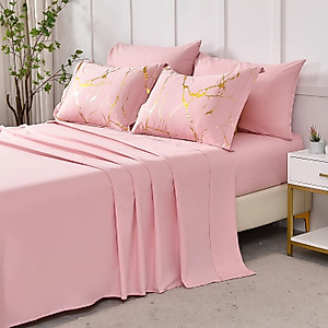 Yogeneg Gold Metallic Marble King Size Comforter Set,7 Piece Bed in a Bag,Foil Print Glitter Pink Comforter and Sheet Set,All Season Soft Microfiber Complete Bedding Sets(Pink,King)