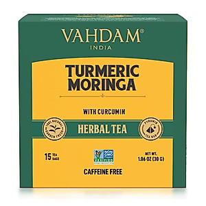 VAHDAM, USDA Organic Turmeric Moringa Herbal Tea Bags (15 Count) Gluten Free, Herbal Blend - Turmeric, Moringa, Ginger, Black Pepper | Individually Wrapped Pyramid Tea Bags | Brew As Hot/Iced