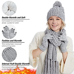 MissShorthair Women's Beanie Hat 3 in 1 Warm Long Scarf Touchscreen Glove Set of 3 Winter Thick Chunky Knitted Pom Pom Cap(Light gray)