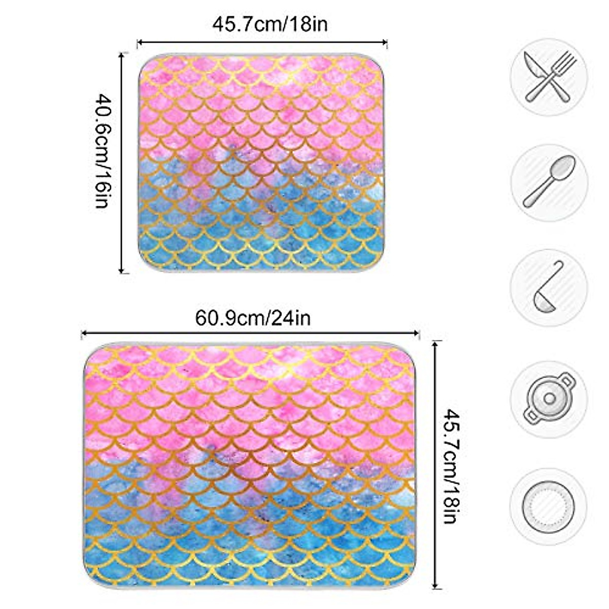 Sea Mermaid Scales Dish Drying Mat 16"x18" Absorbent Machine Washable Hanging Fast Dry Pad Dish Protective Mat for Kitchen Countertop Heat Resistant Dinner Table Mat