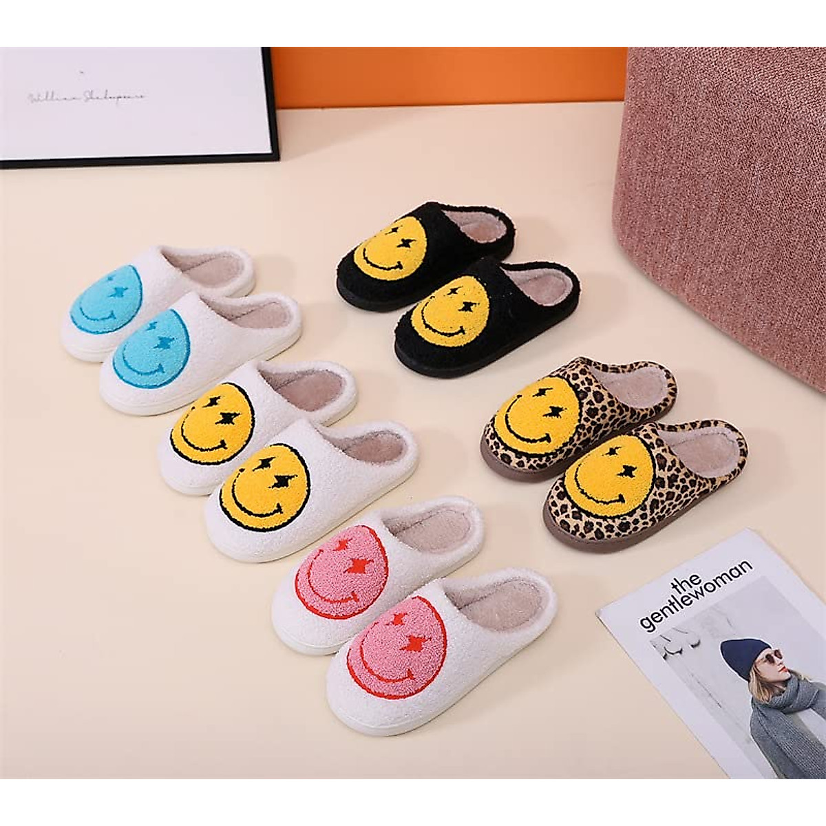 vkxqtep Lightning Bolt Smile Happy Face Slippers for Women Men Retro Soft Plush Comfy Warm Fuzzy Slippers Cozy House Slippers
